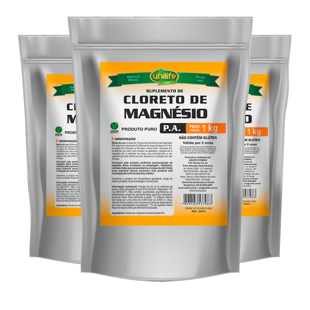 Kit 3x Cloreto de Magnésio P.A Unilife em Pó 1kg | Shopee Brasil