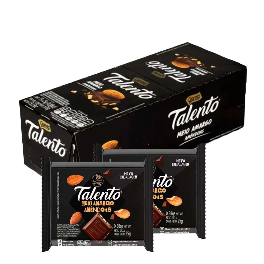 CHOCOLATE GAROTO TALENTO MEIO AMARGO AMÊNDOAS 15X25G | Shopee Brasil