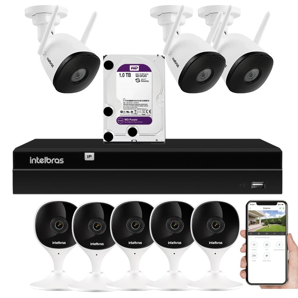Kit CFTV Intelbras 8 Câmeras Wi-Fi Full HD + NVR 8 canais + HD 1TB ...