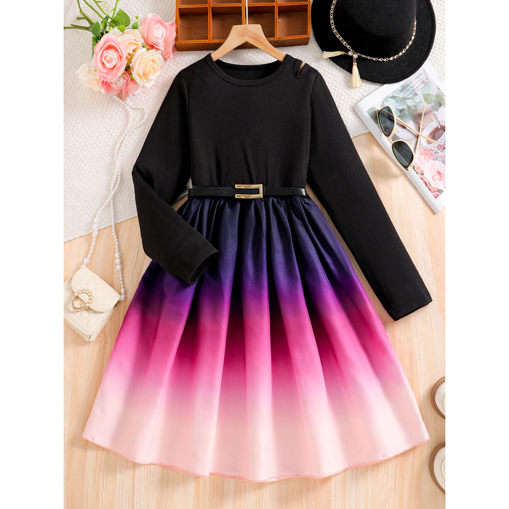 Roupas Infantis Cor Gradiente Elegante Manga Comprida Vestido Moderno ...