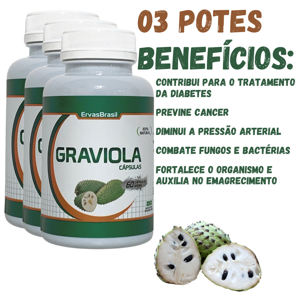Kit 03 Potes Graviola 120 capsulas 500 mg 100% natural original pronta ...