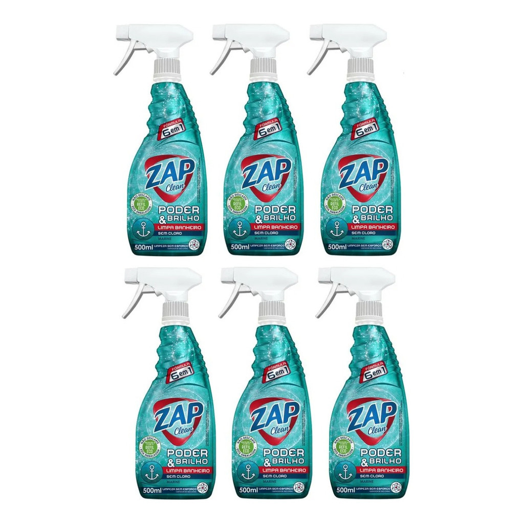 Kit 6un Limpa Banheiro S/ Cloro Zap Clean Poder e Brilho 500ml | Shopee ...