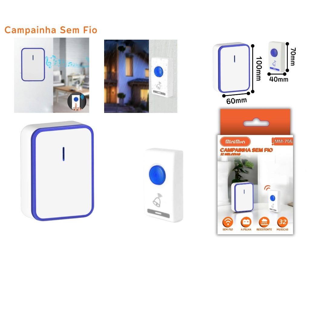 Campainha Residencial Sem Fio 36 Toques Branca Design Elegante Bivolt ...