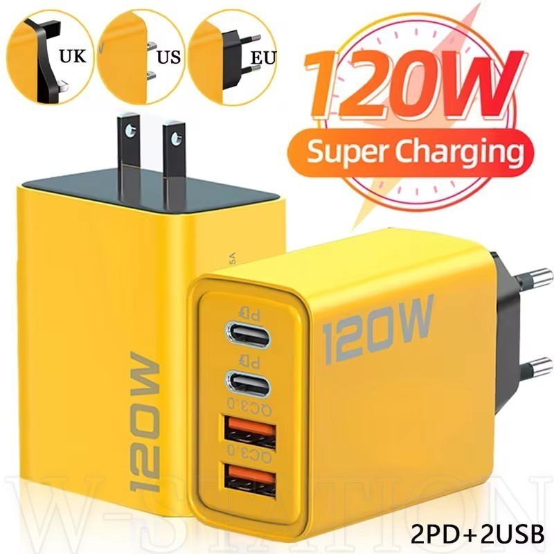 PD 120W QC3.0 Carregador De Parede Com Cabo-Para Soquete US EU UK-4 Portas USB Tipo C Adaptador ...