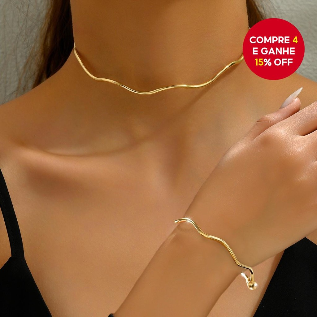 Conjunto De Joias Gargantilha Com Corrente Ondulada – Colar E Pulseira Punk Ajustáveis ...