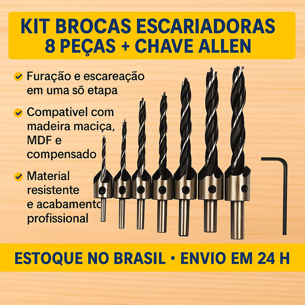Kit Jogo Broca Escariadora 8 Peças Madeira Piloto | Shopee Brasil