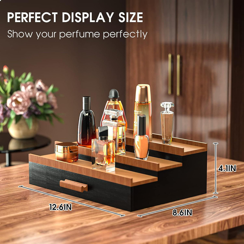 3 Tiers Wooden Perfume Display Stand with Storage Drawer Large Capacity ...
