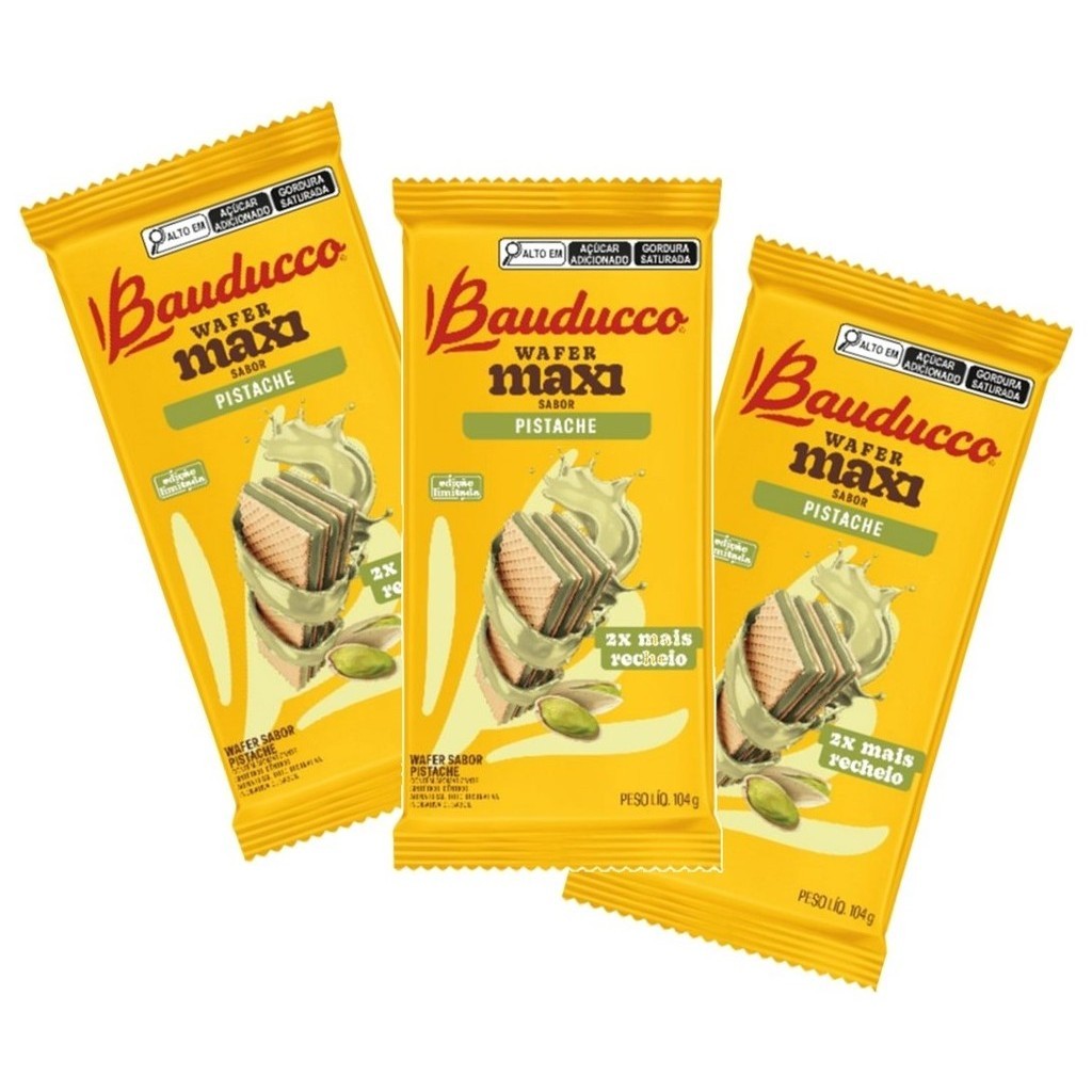 3 Biscoito Bauducco Wafer Maxi Pistache 104g 2x Mais Recheio Edição ...