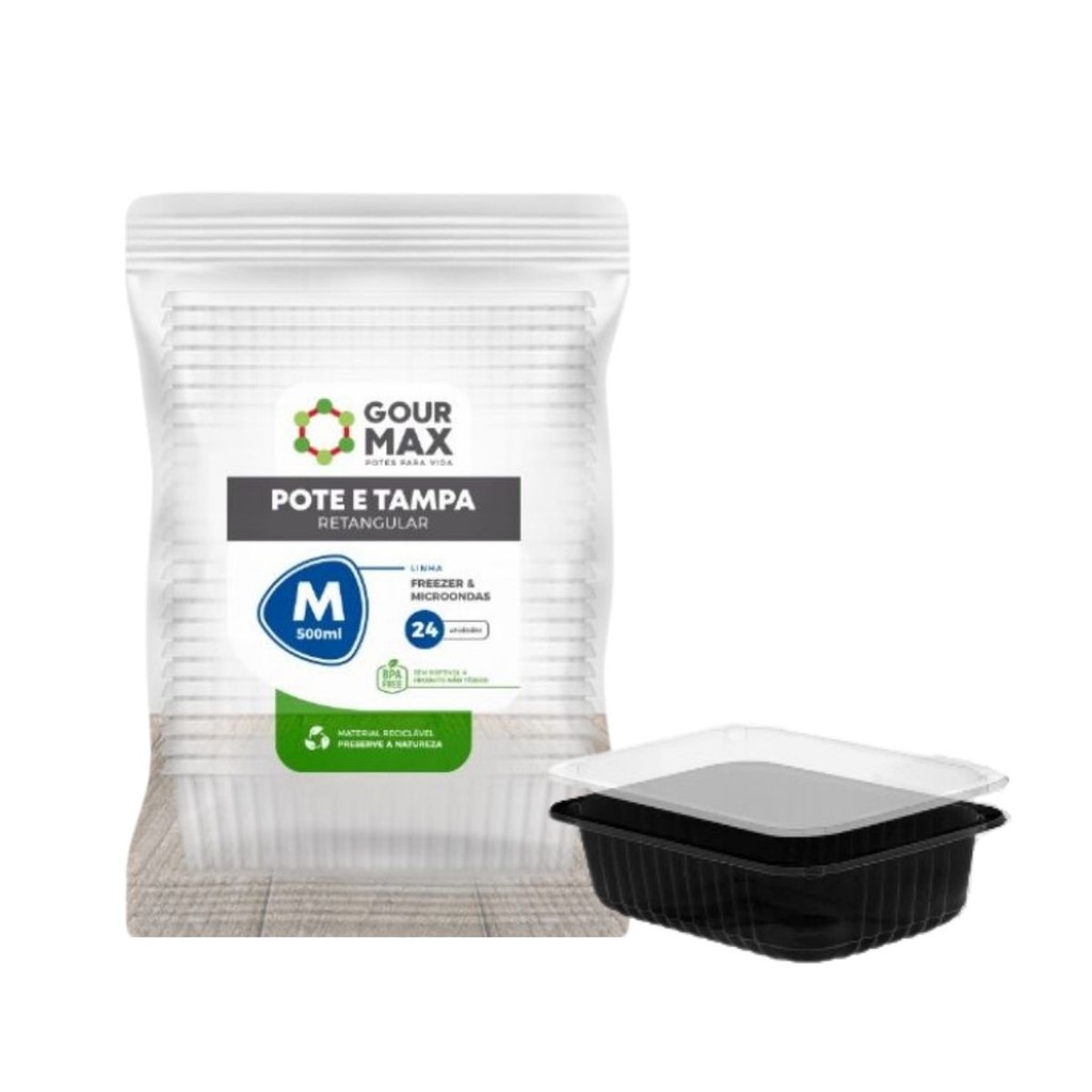 Pote Preto C/ 24un 500ml Marmita Fitness Descartável Freezer Microondas Retangular C/ Tampa ...