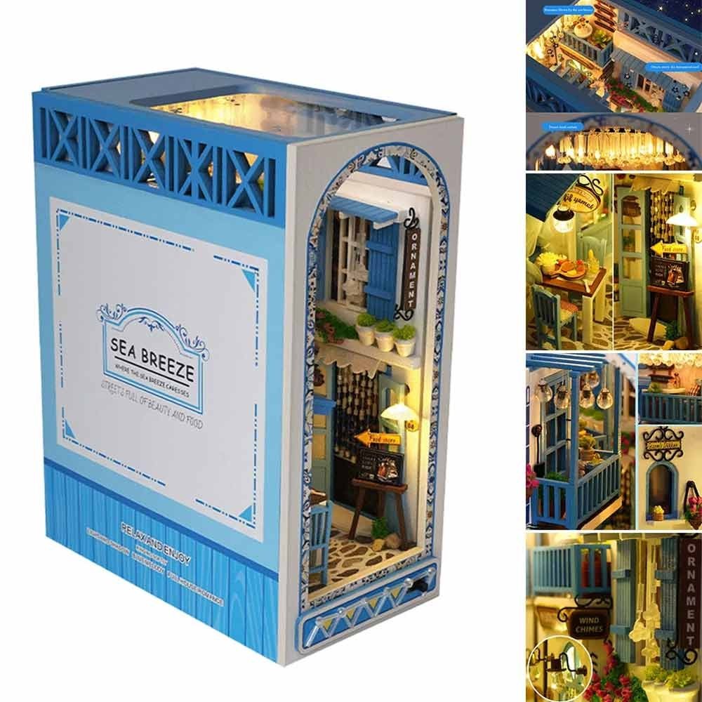 Wooden Book Nook Kit DIY Miniature House Book Nook Model LED Bookshelf ...