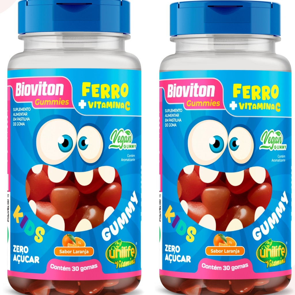 KIT 2 -Suplemento Kids Ferro + Vitamina C Gummy Zero Açucar Laranja ...