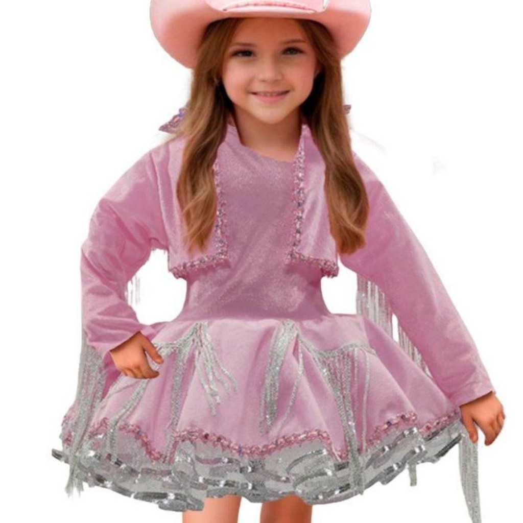 Roupa Ana Castela Infantil Rosa de Luxo Jaqueta Com Franja e Vestido ...