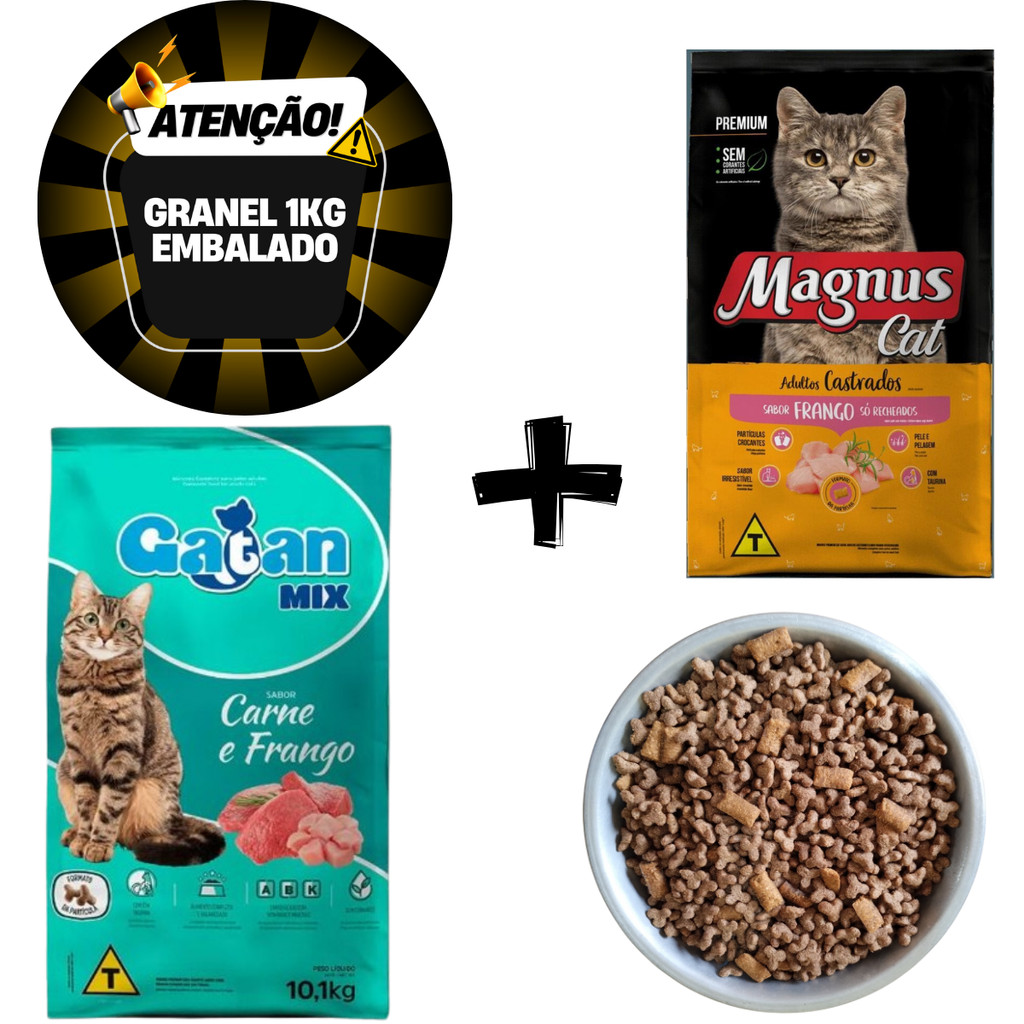 Ração de Gato Gatan Mix + Magnus Cat Castrado Frango Recheado a Granel ...