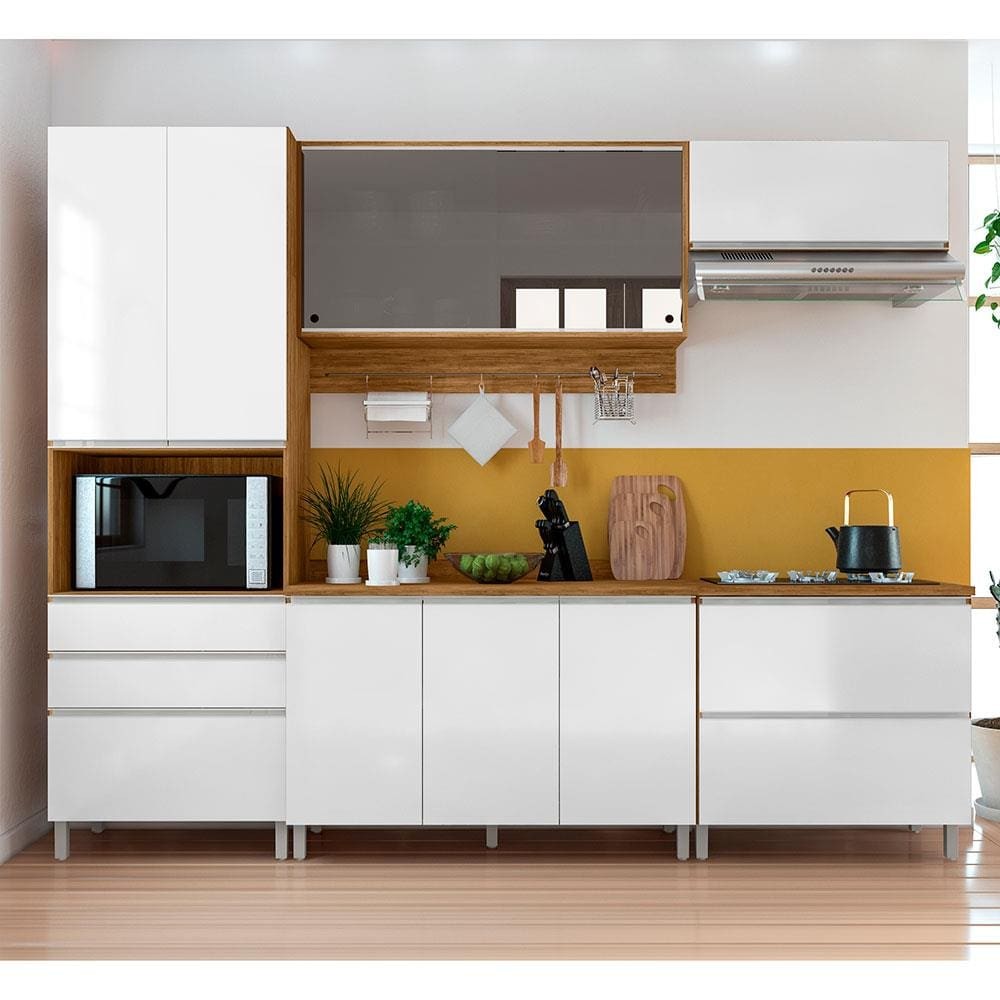 Cozinha Completa Bartira Amazonita c 9 Portas, 4 Gav e 7 Prat - 271cm de largura - Damasco ...