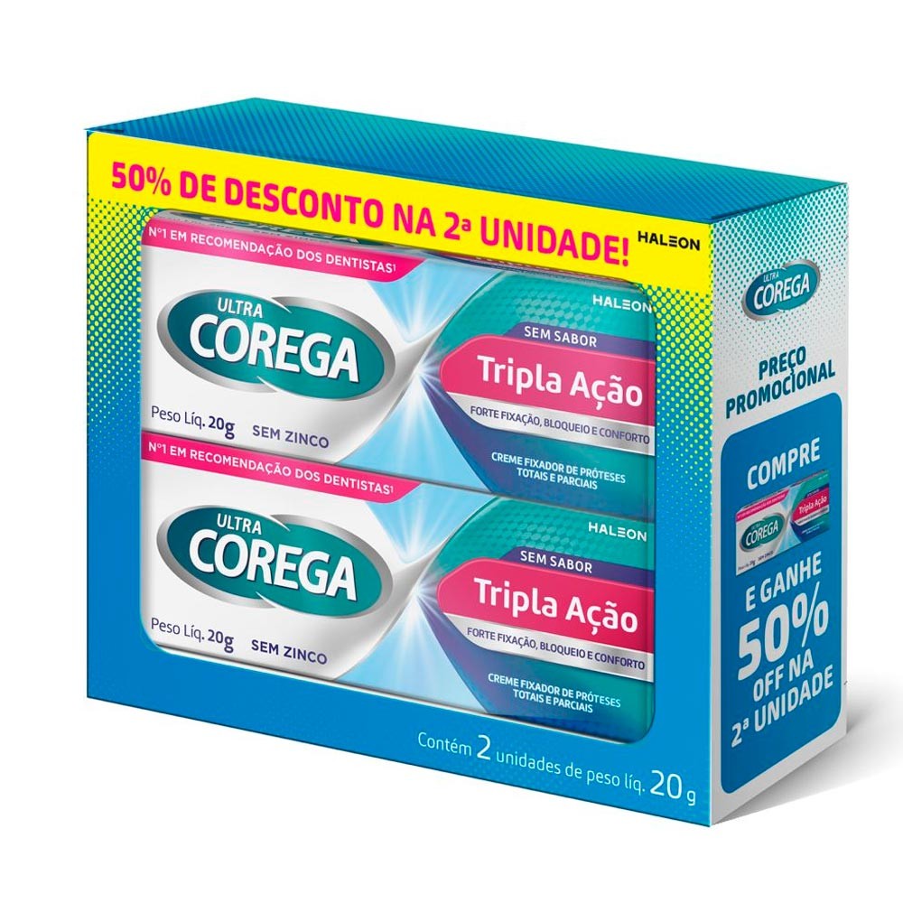 Corega Ultra Tripla Ação Fixador de Dentadura Sem Sabor 20g cada com 50 ...