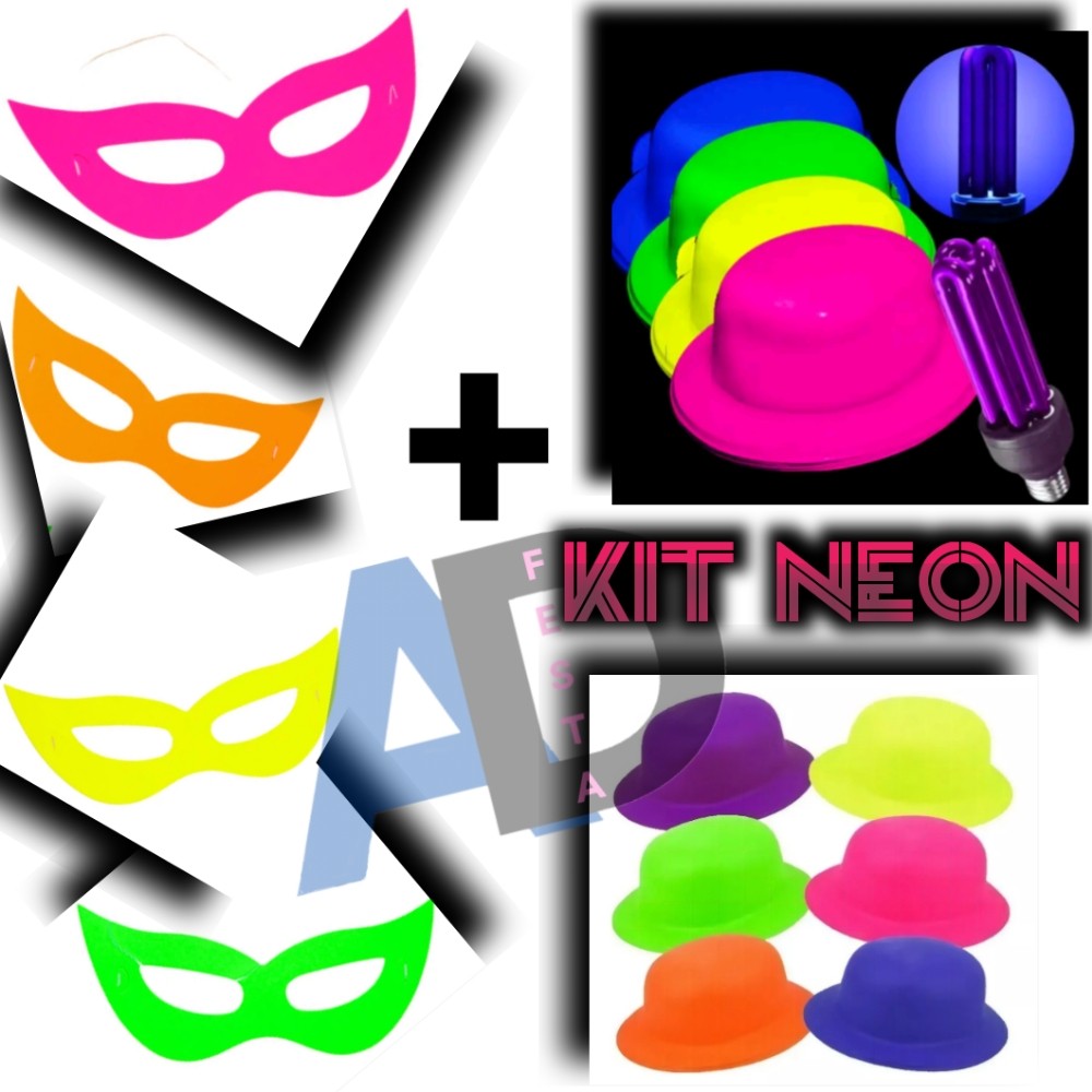 Chapéu Neon + Máscara Neon 8un, 16un, 24un Festa, Baldada, aniversário ...