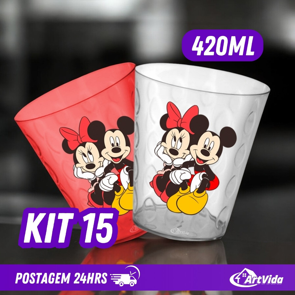 Kit 15 Copos Acrílico Minnie & Mickey 420 ml – Coloridos, Translúcidos ...
