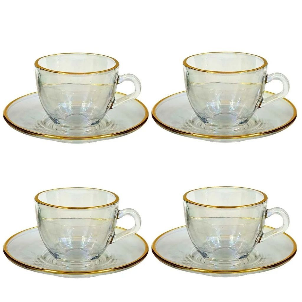 Jogo De Xicara Vidro Com Borda Dourada + Pires Para Café Linha Cristal Menfis Hauskraft Premium ...