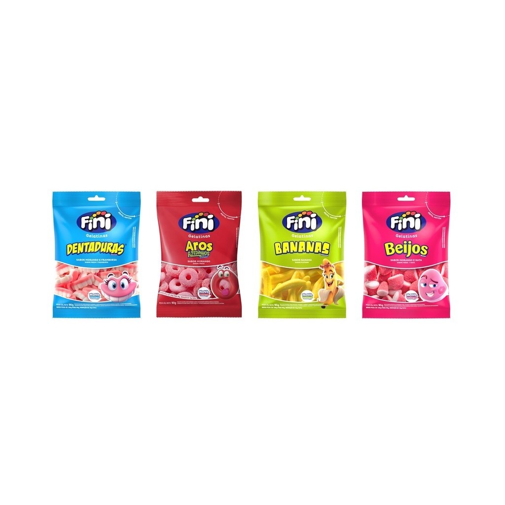 Pack Balas Fini Dentadura, Aros Morango, Bananas e Beijos Morango 4x ...