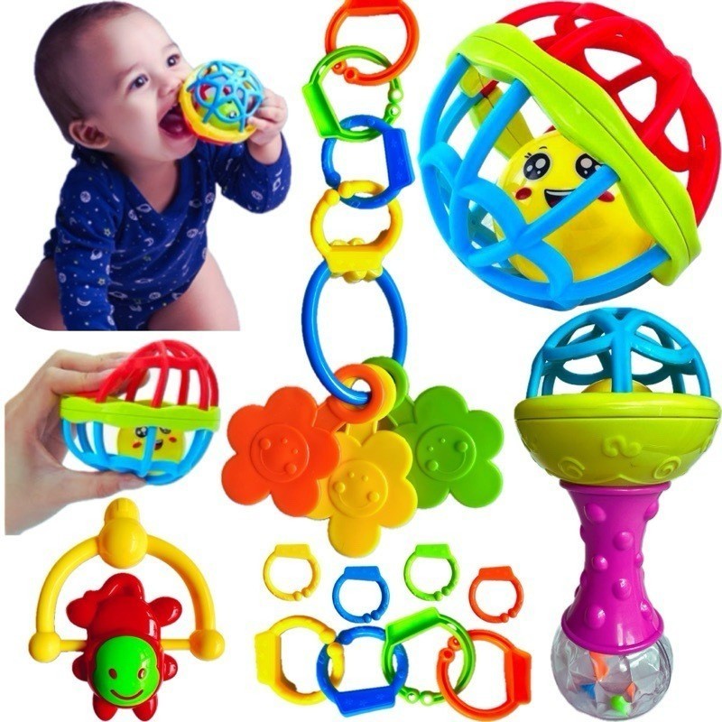 Kit Brinquedos Para Bebê Chocalhos Mordedor Sensorial 5 Peças Brinquedo ...