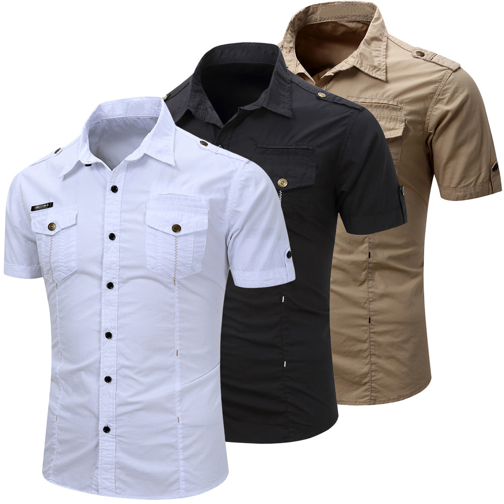 Camisa Safari Masculina Manga Curta Verão Casual Tática 100 % Algodão Carga Bolso Ao Ar Livre ...