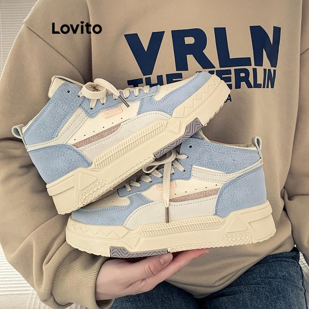 Lovito Casual Plain Colorblock Lace Up High Top Vogue Sola grossa Tênis ...
