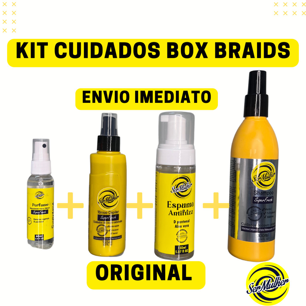 KIT CUIDADOS BOX BRAIDS ( SHAMPOO + TONICO + ESPUMA ANT FRIZZ + PERFUME ...