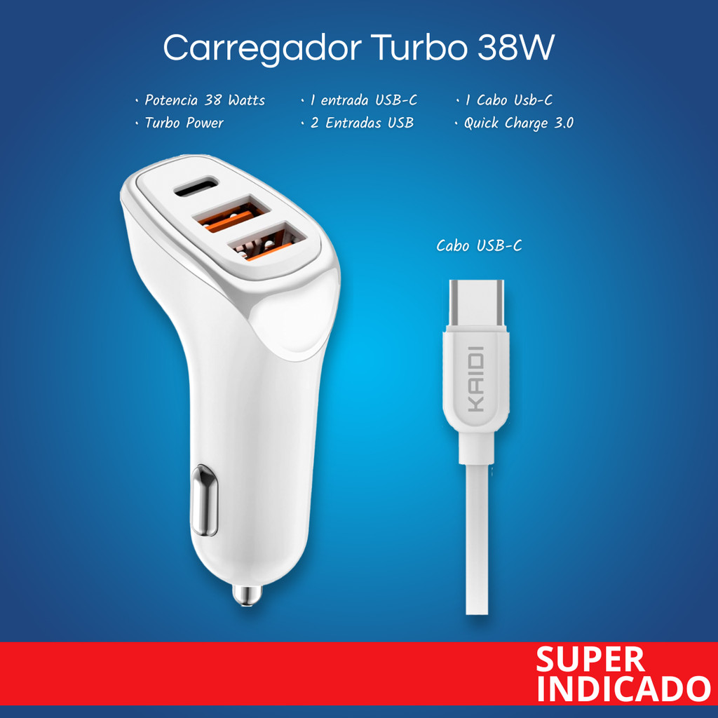 Carregador Veicular Turbo Tipo C 37W Com 3 Saidas QC 3.0 USB-C e USB KD ...