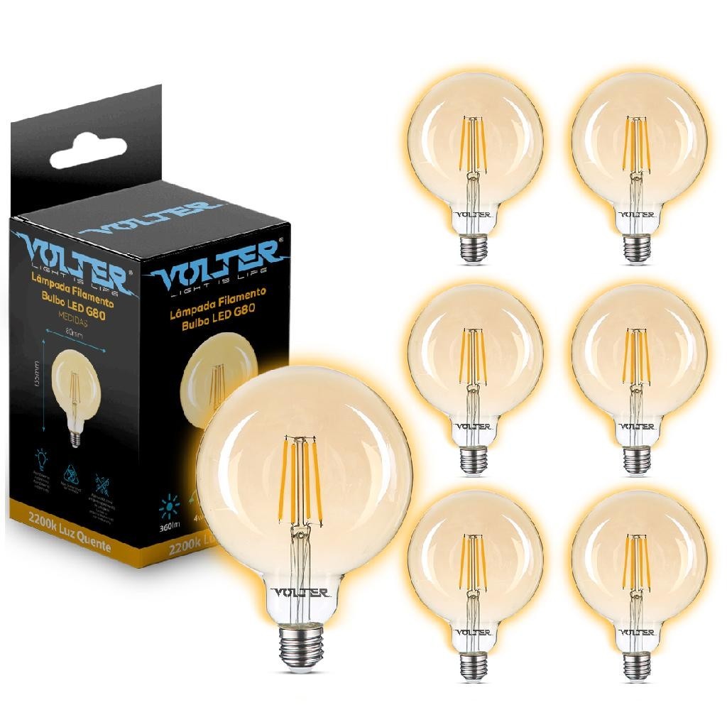Kit 7 Lâmpadas led filamento retro E27 G80 4w 360lm biv 2200k Volter | Shopee Brasil