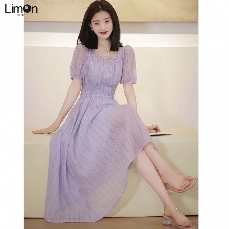 Verão francês retrô alta sensação chiffon de manga curta saia de fada ...