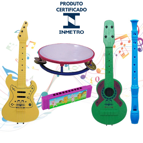 Kit 5 Instrumentos Musicais Infantil Violão Guitarra Flauta Gaita Pandeiro Natal Brinquedo ...