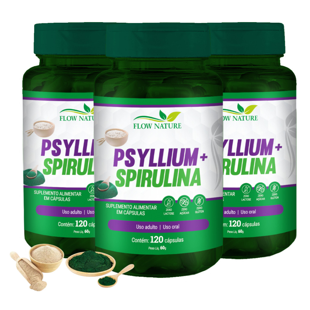 Psyllium Com Spirulina 120 Cápsulas de 500mg - Flow Nature - Kits 1, 2 ...
