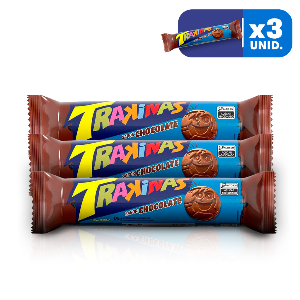 Kit Com 3 Biscoito Recheado Trakinas Carinhas Chocolate 126g | Shopee ...