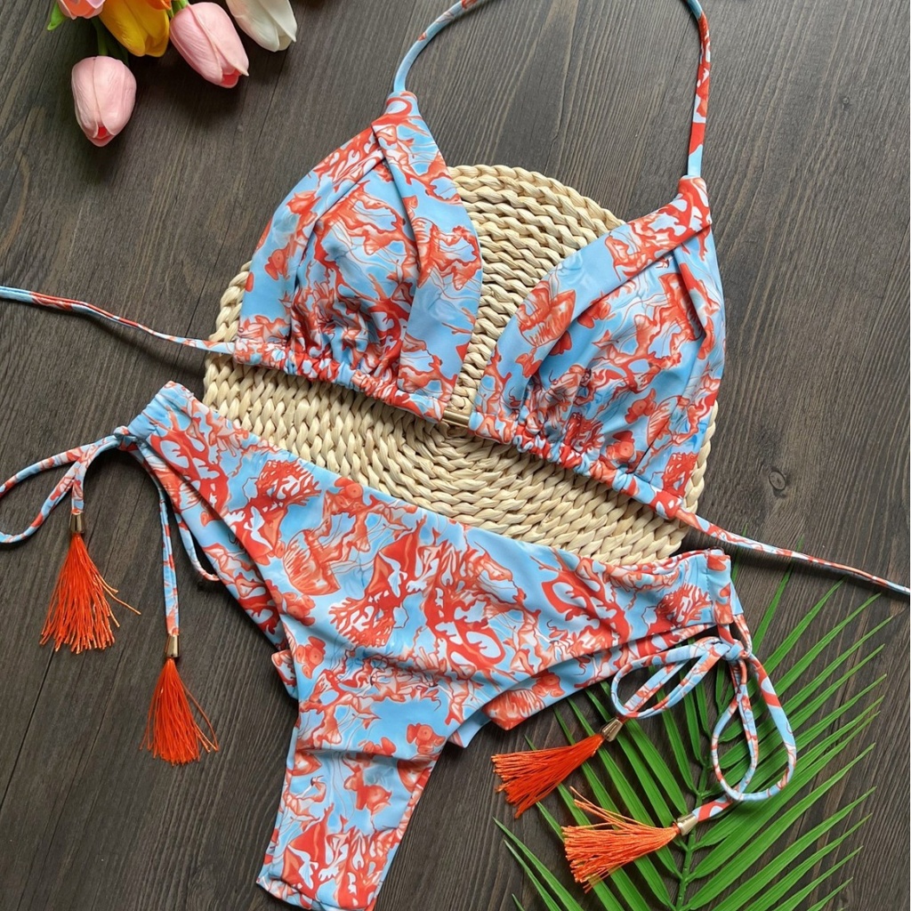 2024 novo estilo impresso borla biquíni praia senhoras roupa de banho ...