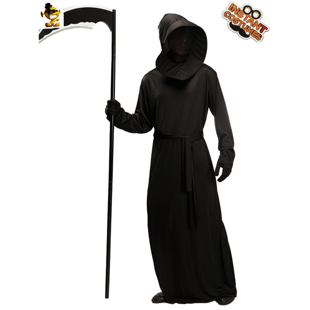 Homem grande demônio preto traje de Halloween demônio Festival foice ...