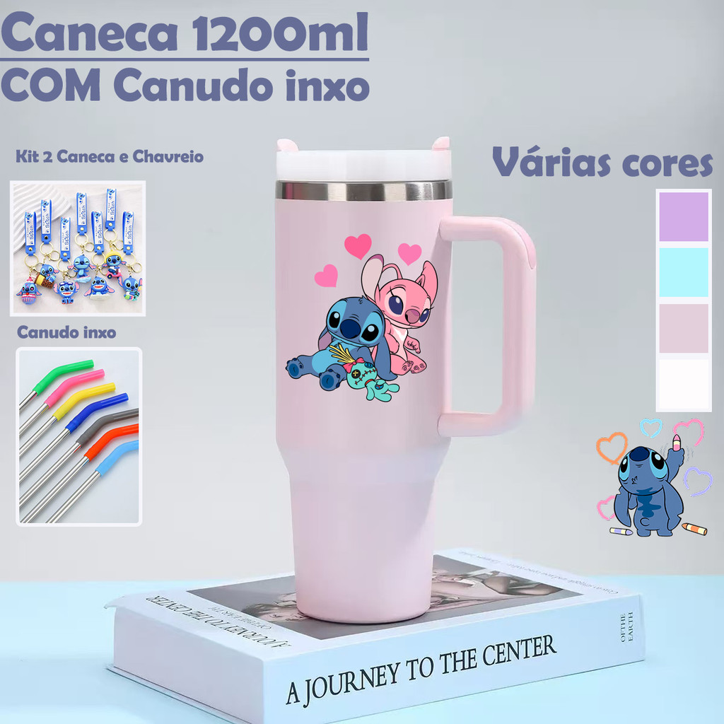Kit 2 Caneca Stitch Térmica Inox 1200ML e chaveiro com tampa e canudo ...