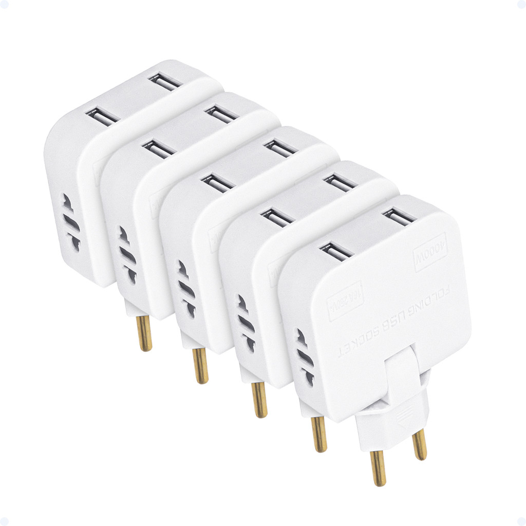 Kit 5 Adaptador De Tomada Plug T Articulado Dobrável Bipolar 2 USB 16A ...