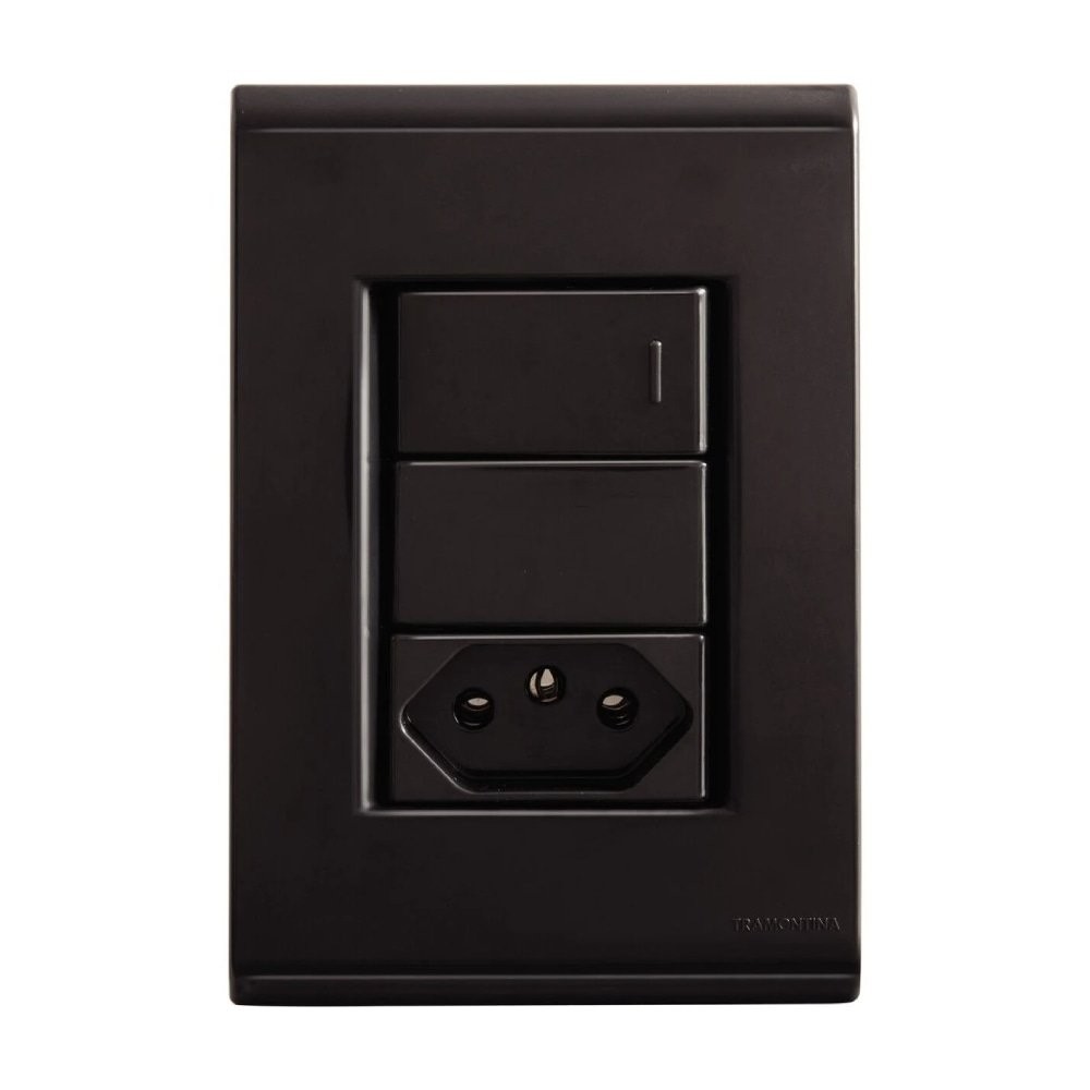 Interruptor Liz Tramontina 2 Teclas Simples+Tomada 10A com Placa 4X2 Grafite | Shopee Brasil