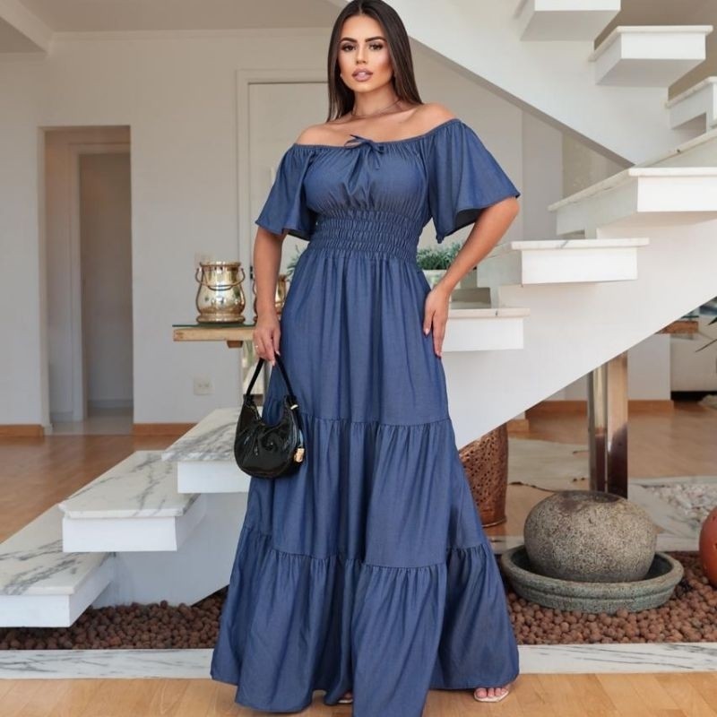 Vestido longo jeans manga curto ombro ombro 02788 | Shopee Brasil