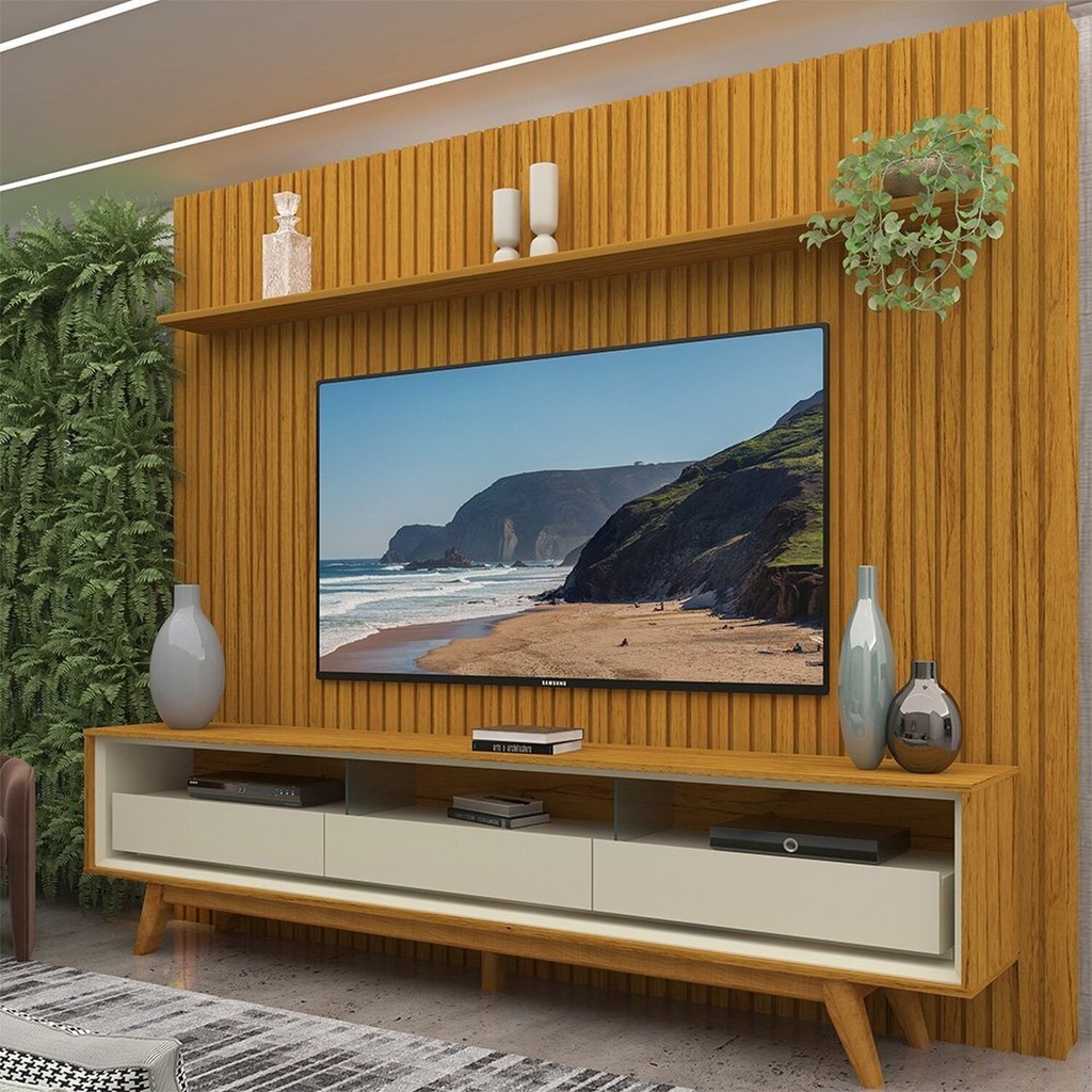 Rack com Painel Ripado para Tv até 85 Polegadas 3 Gavetas com Pés 230cm Requinte/nobre | Shopee ...