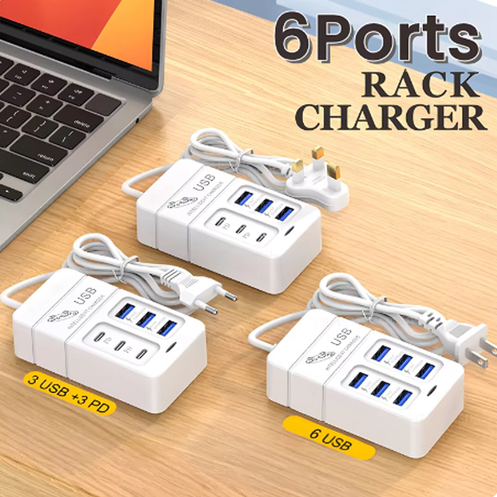 6 Portas Multiport USB Carregador 35W PD Tipo-C Telefone Móvel Carga Rápida Carregadores De ...