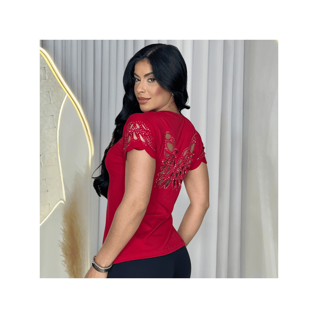 BLUSA FEMININA BABY LOOK CORTE A LAISER COSTAS DE BORBOLETA BRILHOSA M ...