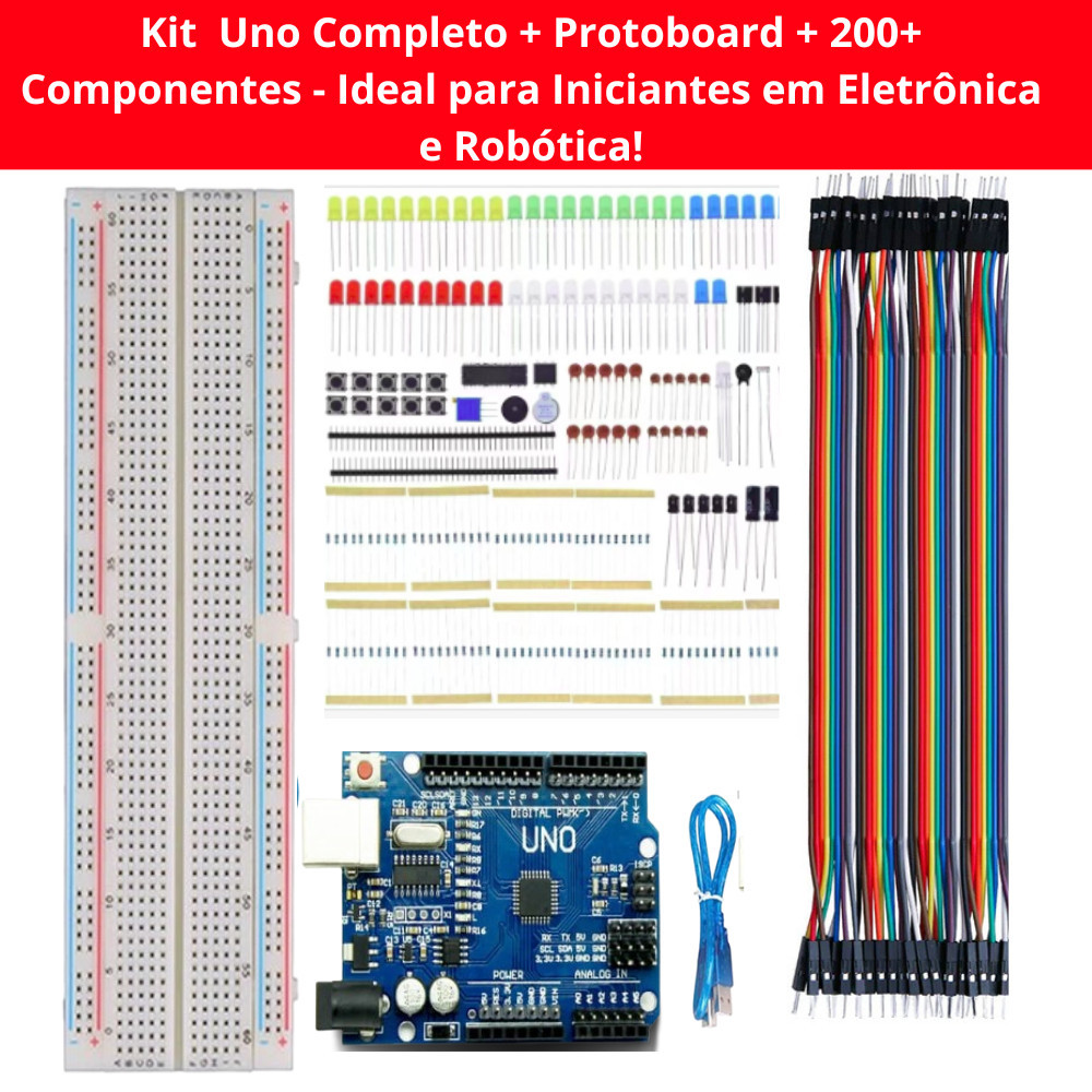 Kit Uno Completo compatível Arduino + Protoboard + 200+ Componentes ...