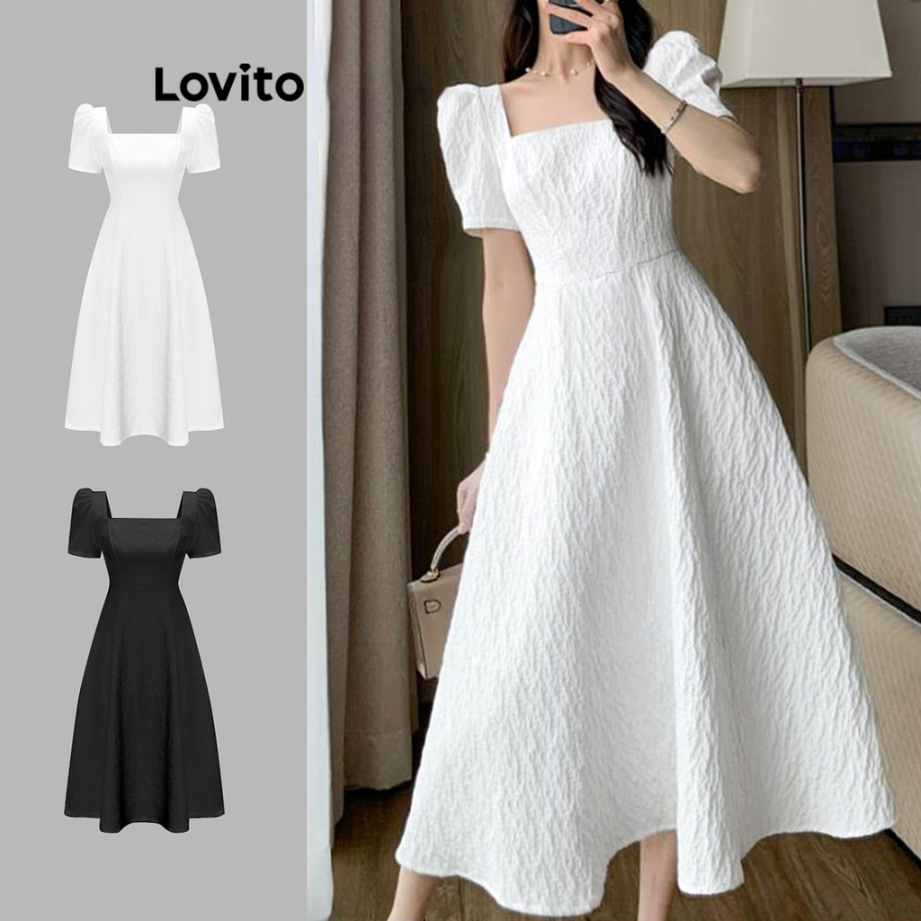 Lovito Elegante Liso Vestido Feminino De Manga Bufante E Gola Quadrada