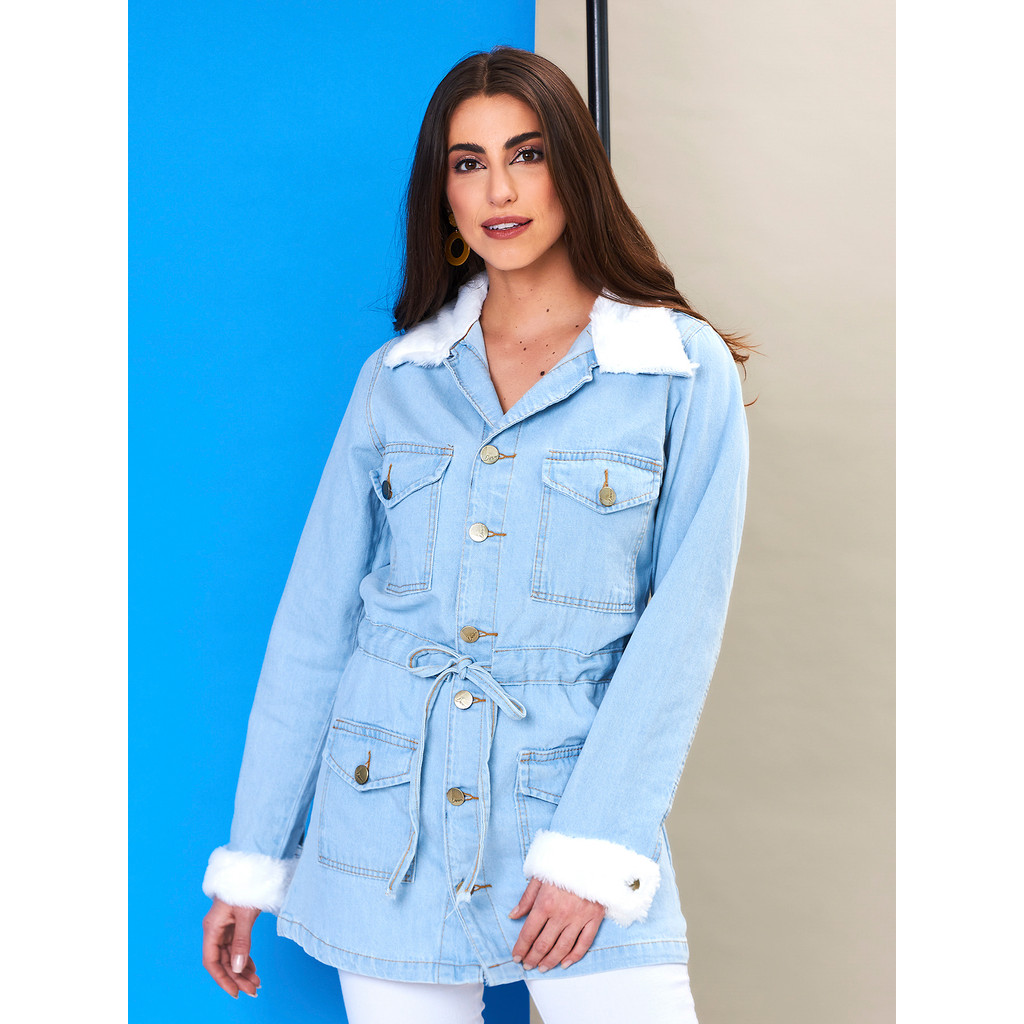 Parka Jeans Feminina com Pelinho na Gola e Punho | Shopee Brasil