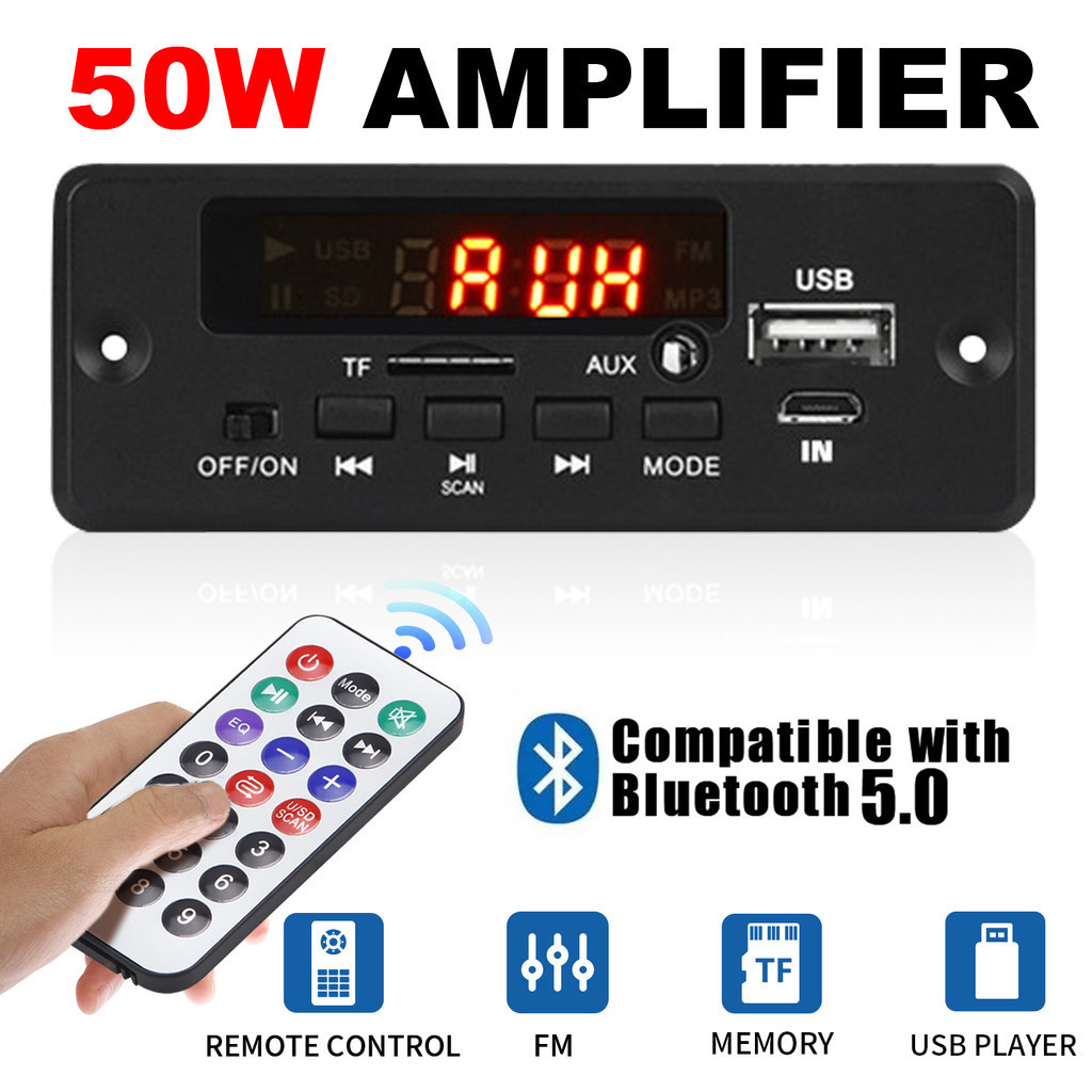 Amplificador DC 12V 50W Placa Decodificadora Bluetooth 5.0 MP3 Rádio FM TF USB 3.5mm Módulo AUX ...