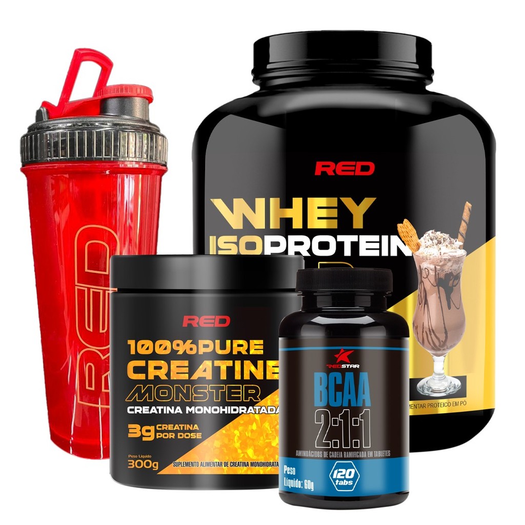 Kit Whey Isoprotein Gold 2kg + Creatina 300g Pura + Bcaa 120 tabs 2:1:1 ...