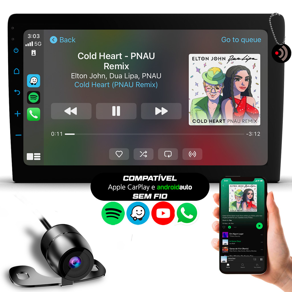 Central Multimídia 9 Polegadas Carplay Android Auto Sem Fio Com Câmera de Ré Mp5 Universal ...