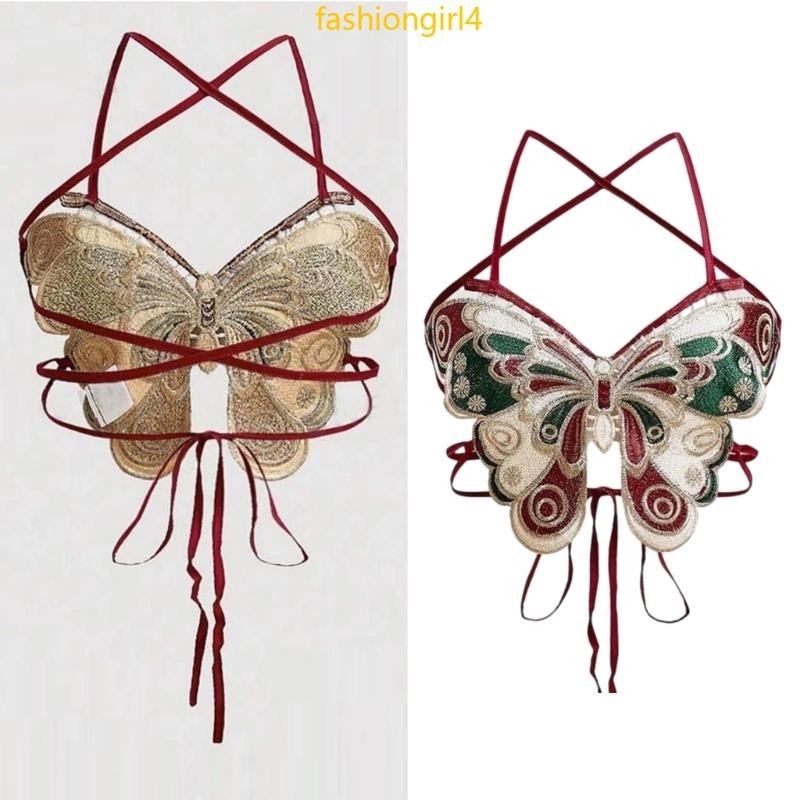 FASH Bordado Borboleta Halterneck Crop Top Tie Backless Camisole Vests ...