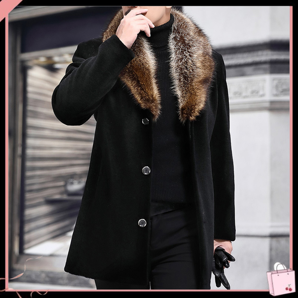 [man] Casaco Masculino De Lã Com Gola De Pele Sintética , Cor Sólida , Trespassado , Slim Fit ...